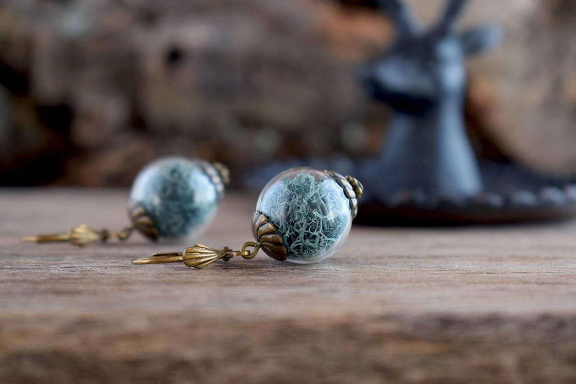 Moss Dangle Earrings, Teal Moss Jewelry, Blue Greenish Terrarium Glass ...